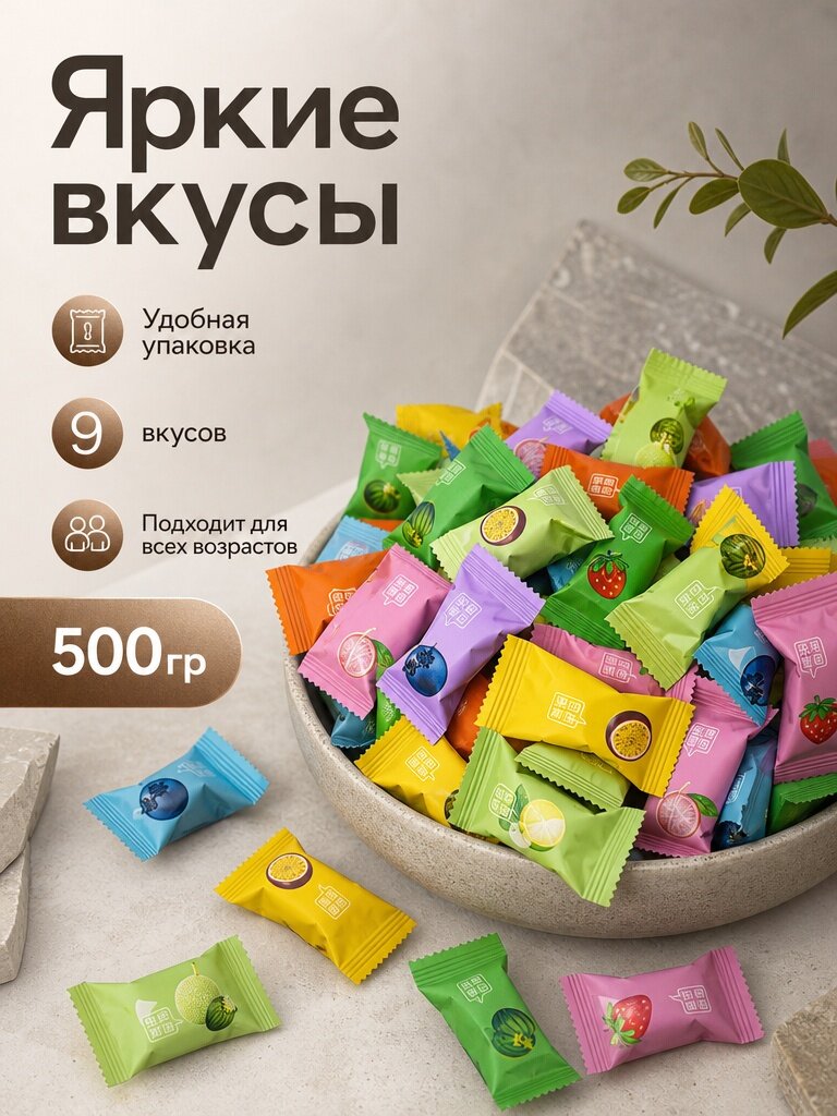 Драже "Ассорти фруктовое", без сахара, 9 вкусов, пакет, 500 г