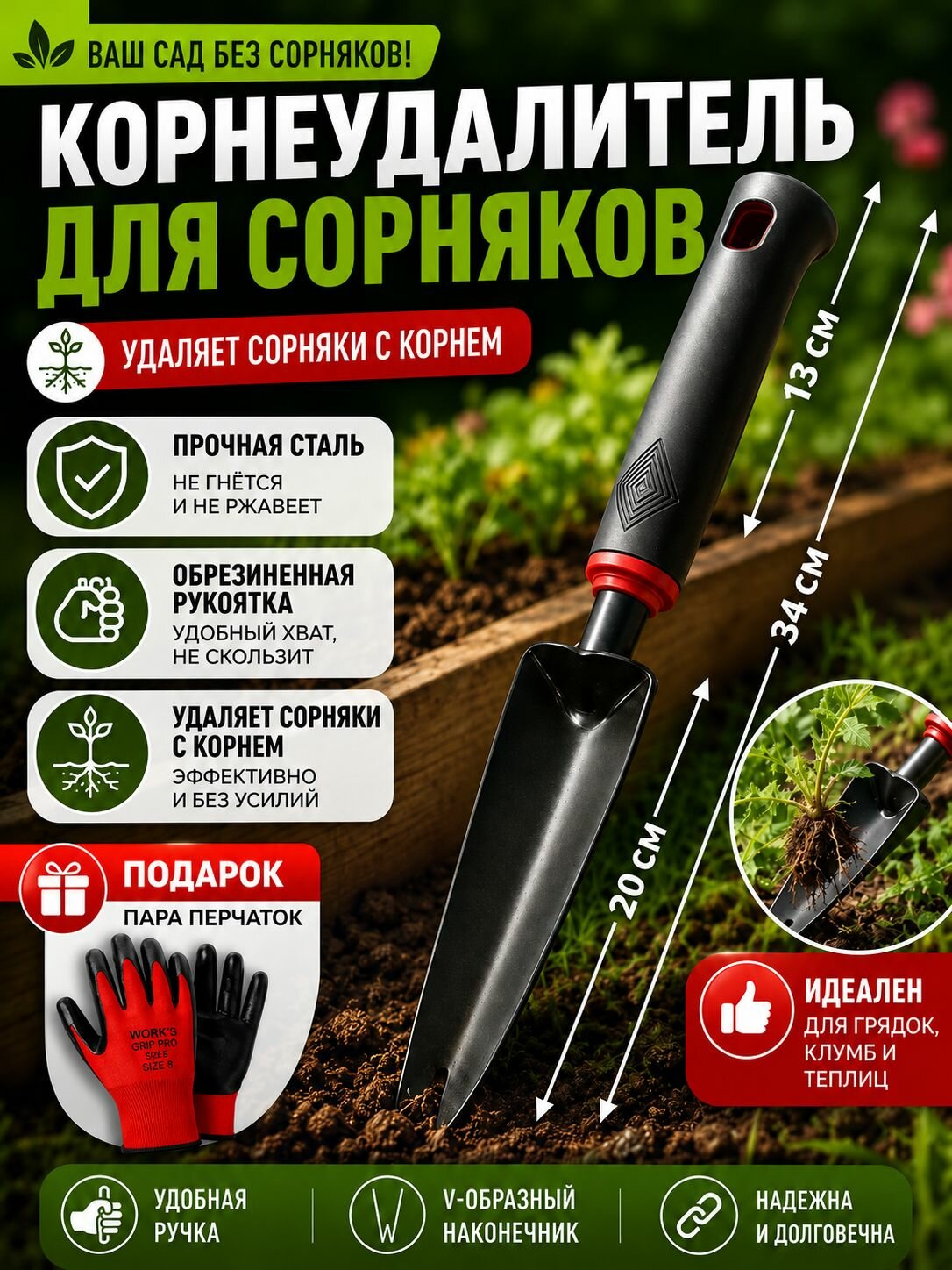 Корнеудалитель 13 см рукоять, 20 см ширина, сталь