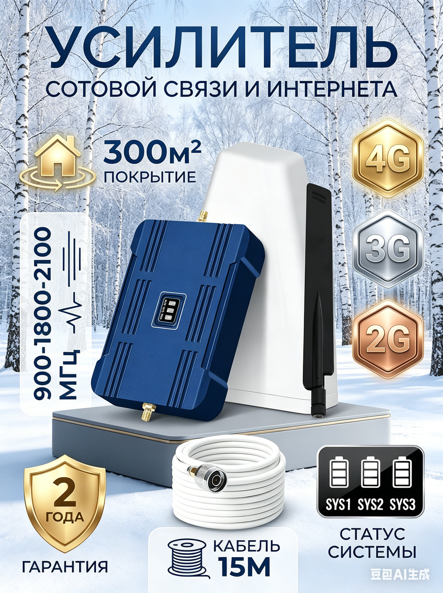 Усилитель сотовой связи 900/1800/2100 МГц (2G/3G/4G): до 70 км, направленный, синий, 1.3 кг