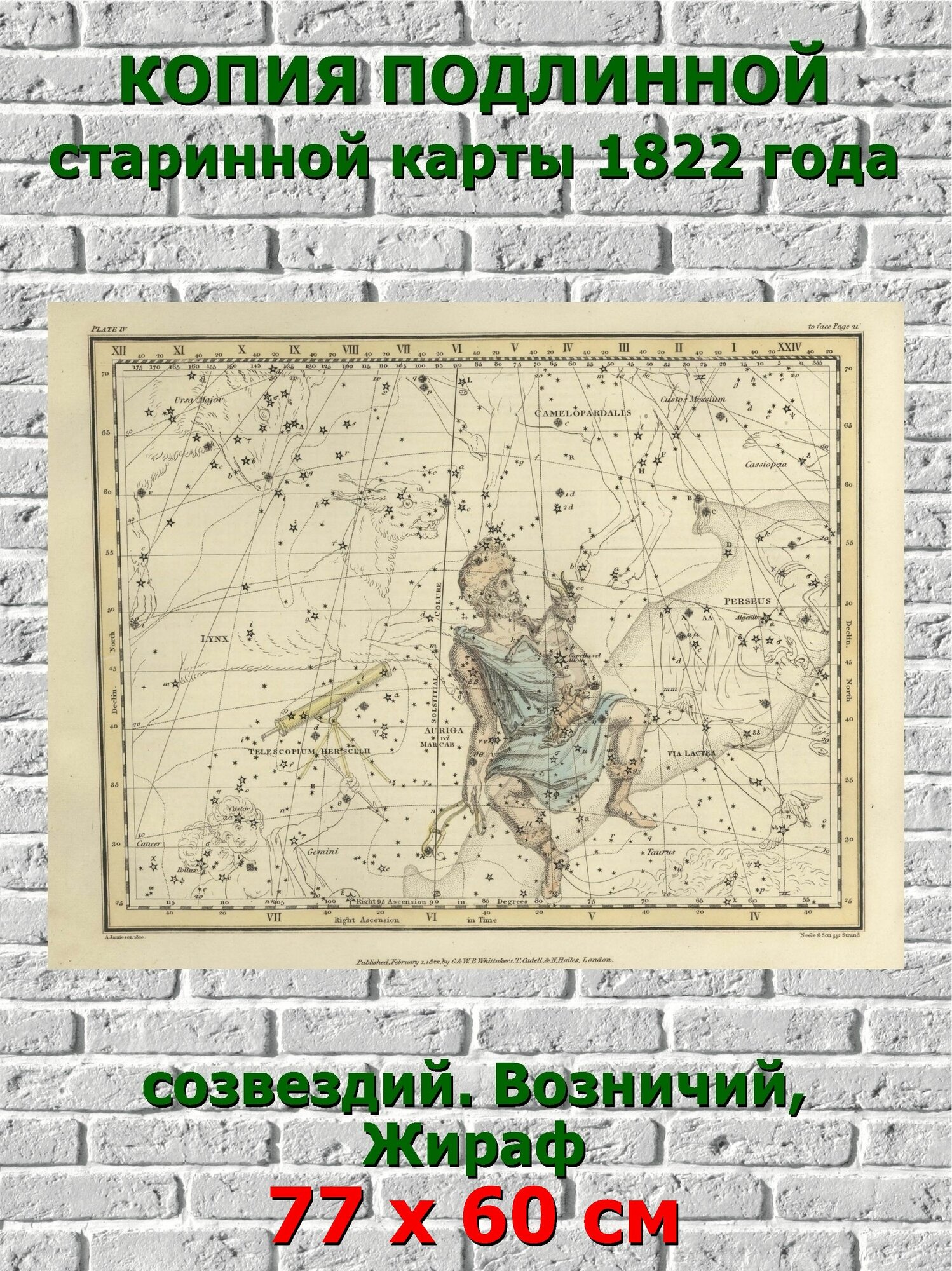 Старинная Карта созвездий. Возничий, Жираф. (репринт карты 1822 года) постер