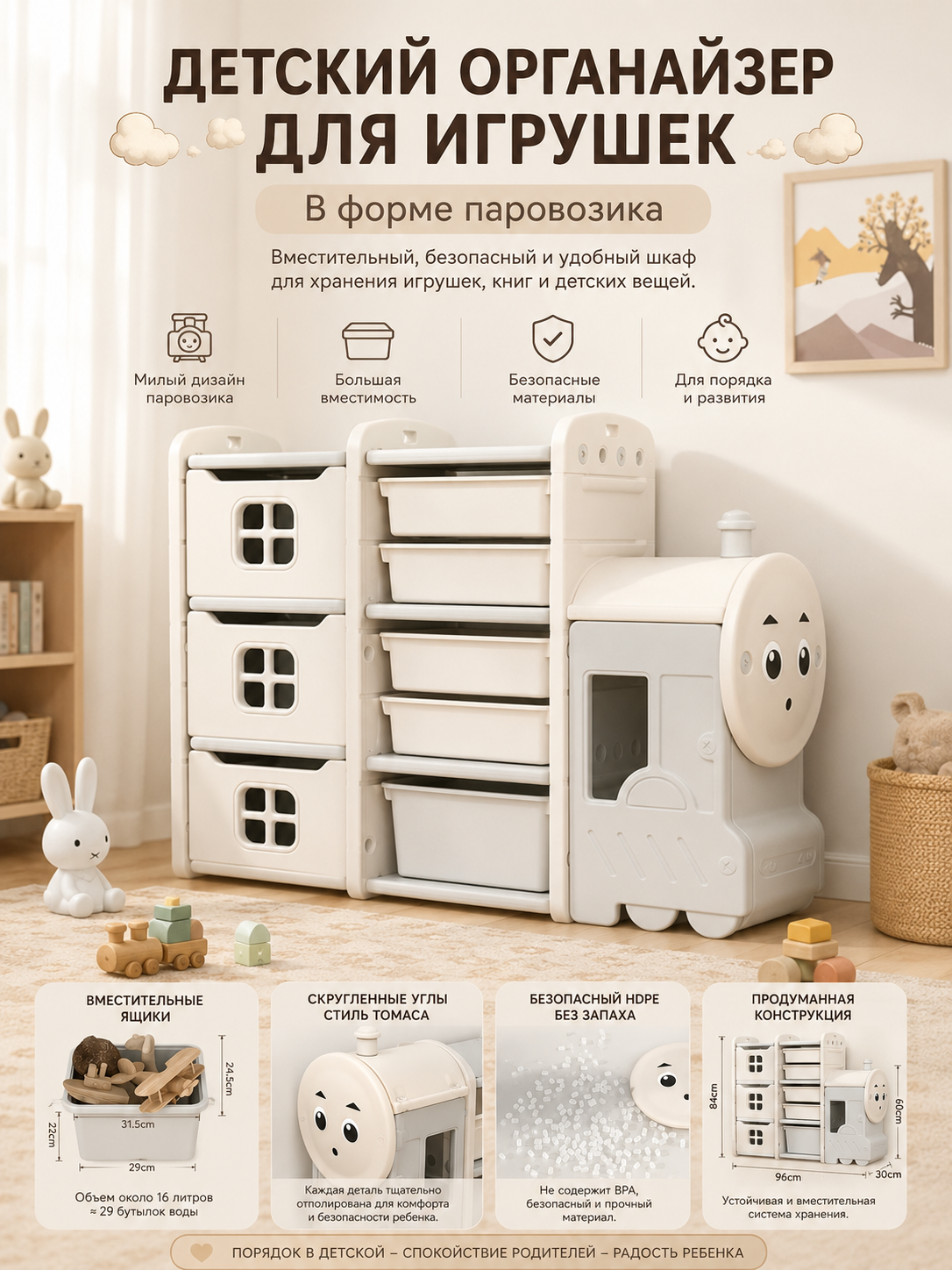 Детский шкаф-органайзер для игрушек, пластиковый стеллаж-паровозик, 96×30×84 см