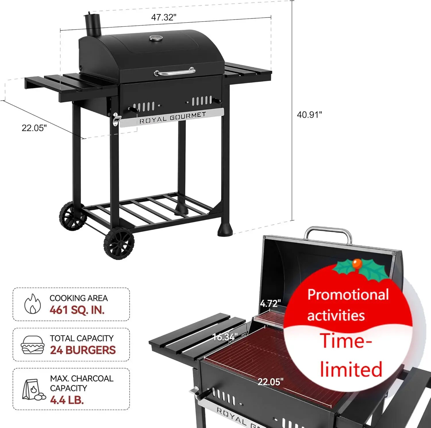 CD1824ET Подвижный гриль для угля с складными боковыми столиками, Außen Barbecue Grill с 470 кв. дюймов obszarом для приготовления пищи для откры-air