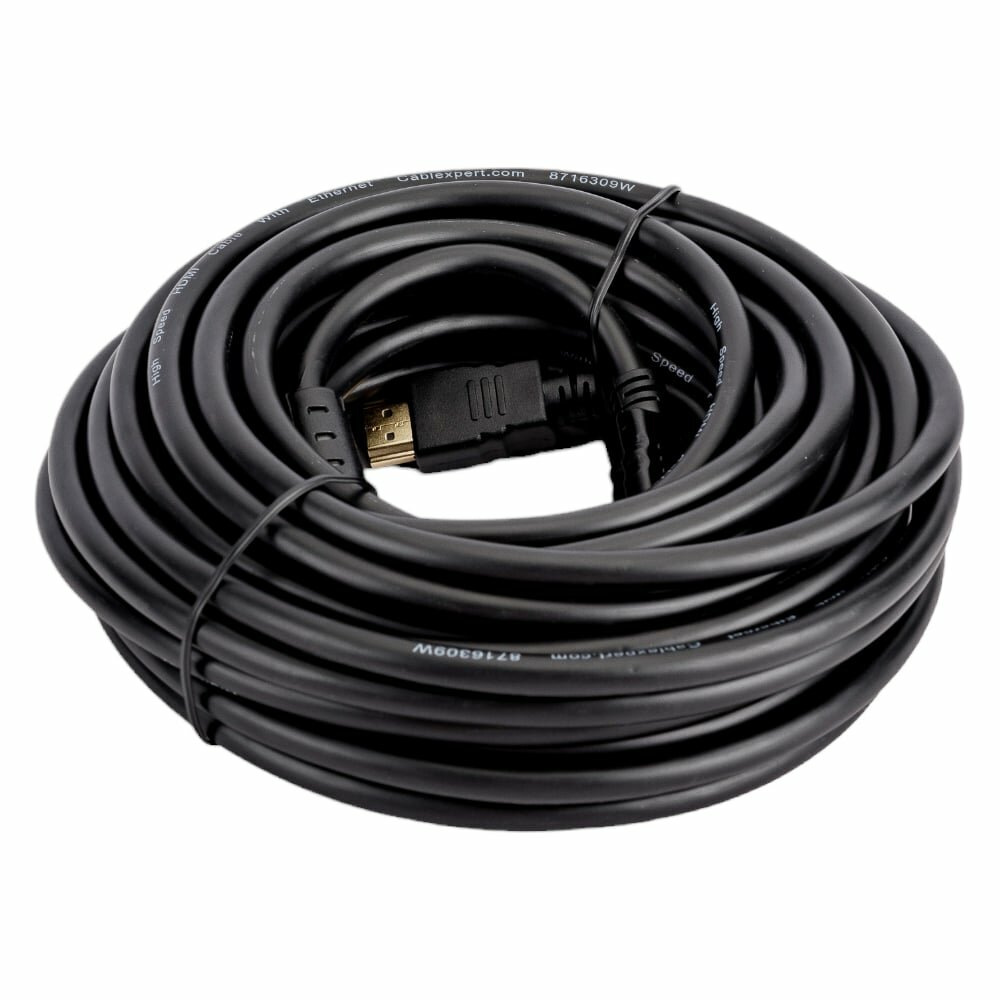 Кабель HDMI Cablexpert 19M/19M, v2.0, медь, позол. контакты, экран, 2 фер. кольца, 10м, черный, пакет, HDMI CCF2-HDMI4-10M — фото 1