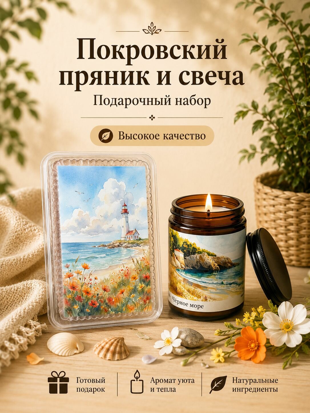 Подарочный набор: покровский пряник 140 гр и ароматическая свеча 190 гр