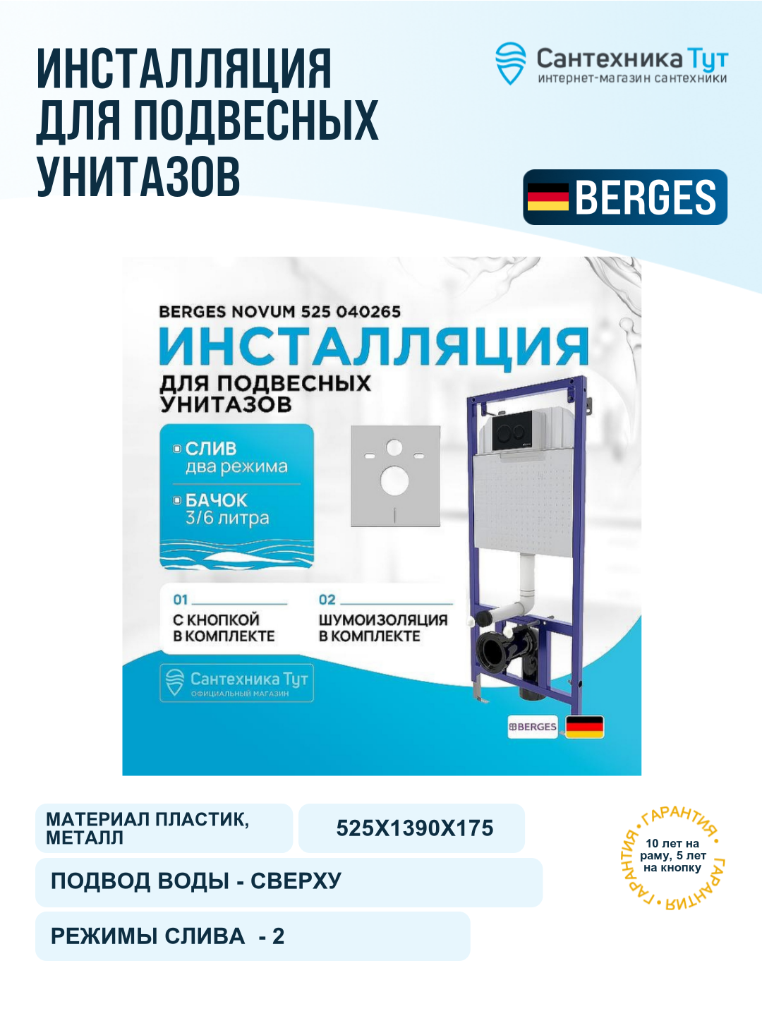 Инсталляция Berges Wasseraus Novum 525, для подвесного унитаза, чёрная, 10 литров, Германия