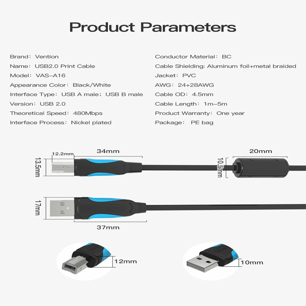 Кабель Vention USB 2.0 AM/BM - 1м, черный VAS-A16-B100 — фото 1