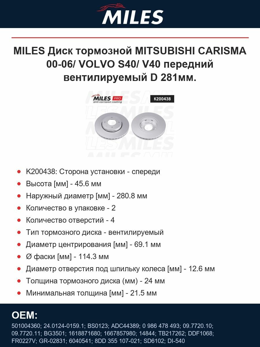 MILES Диск тормозной MITSUBISHI CARISMA 00-06/ VOLVO S40/ V40 передний вентилируемый D 281мм.