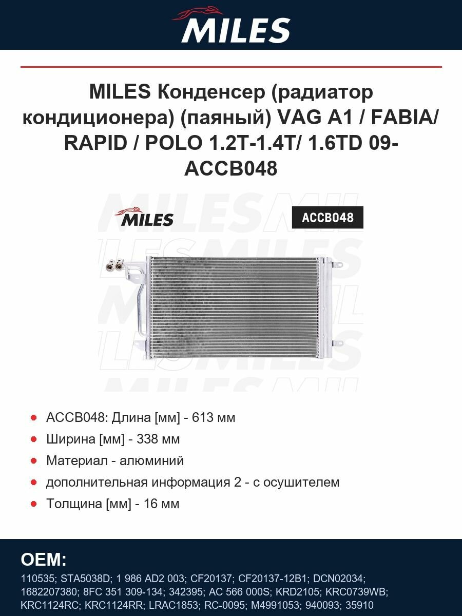 MILES Конденсер (радиатор кондиционера) (паяный) VAG A1 / FABIA/ RAPID / POLO 1.2T-1.4T/ 1.6TD 09- ACCB048