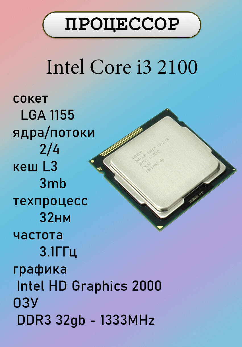 Процессор Intel Core i3 2100, поддержка двух потоков, 4 потока, 3100Mhz