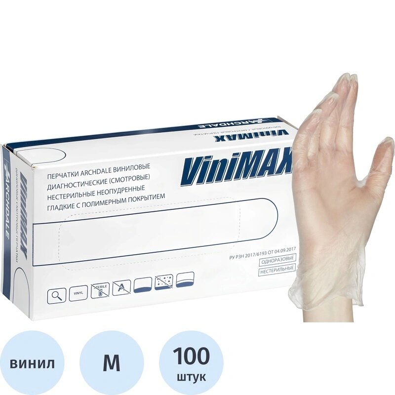 Перчатки одноразовые виниловые неопудр. прозрачные р. M 100шт/уп, ПС