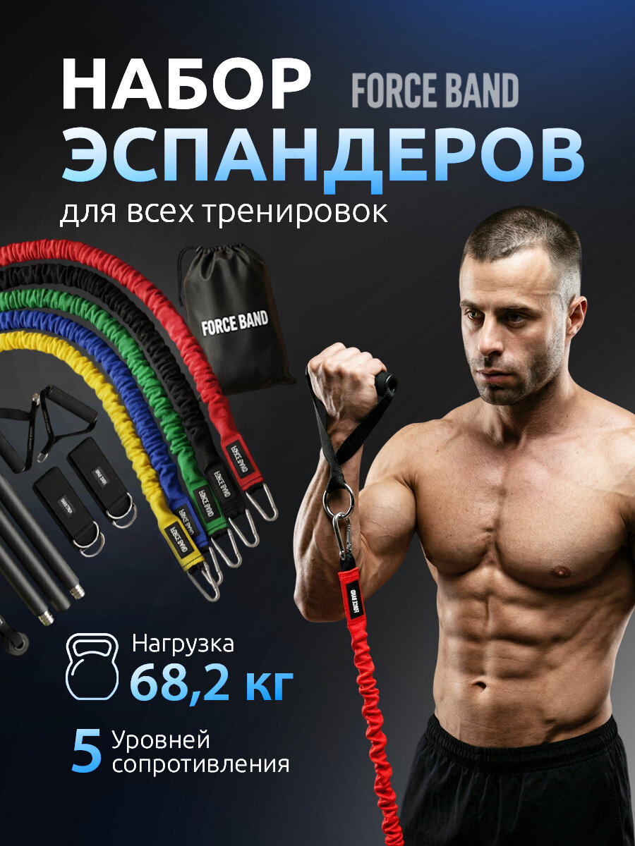 Набор трубчатых эспандеров с грифом для фитнеса