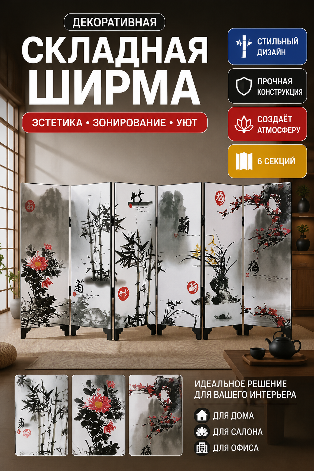 Складная ширма для интерьера, 3-х секционная, декоративная, компактная, для зонирования комнаты