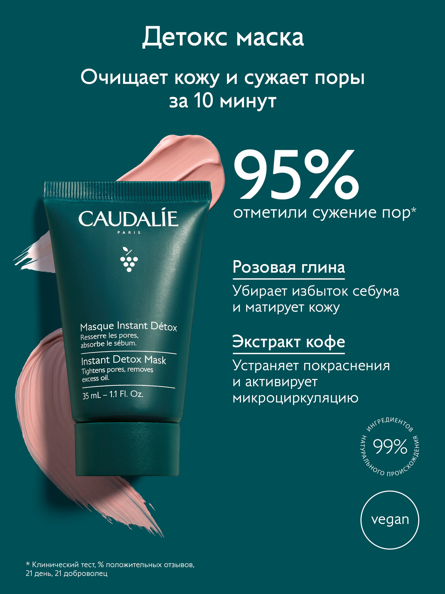 Caudalie Instant Detox Mask Очищающая детокс маска для лица с розовой глиной, 35 мл