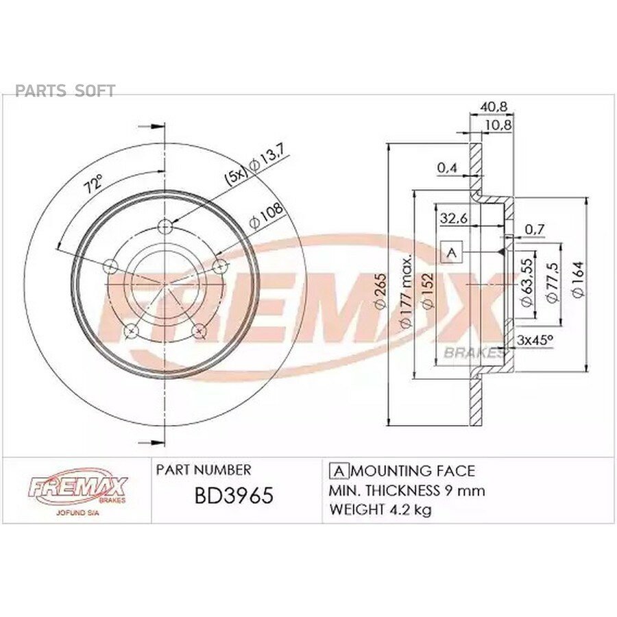 Диск тормозной задний FORD C-Max 07-10, Focus C-Max 03-07, Focus II 04-12 от официального дистрибьютора, FREMAX, артикул BD3965