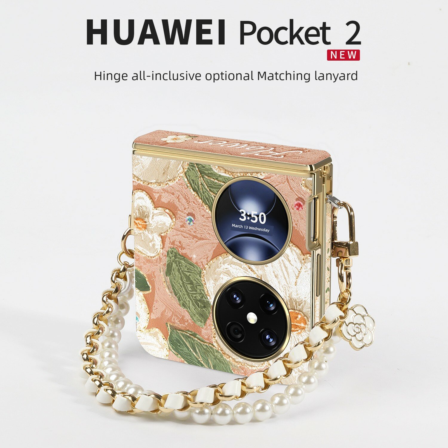 Huawei Pocket 2 Premium Edition Защитный чехол с масляной живописью цветка камелии и жемчужной запястной лентой