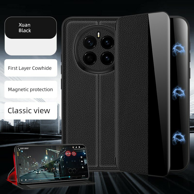 Чехол-бампер Honor Magic6 RSR Porsche Design из верхней кожи с магнитом и классическим окном, Матовый черный