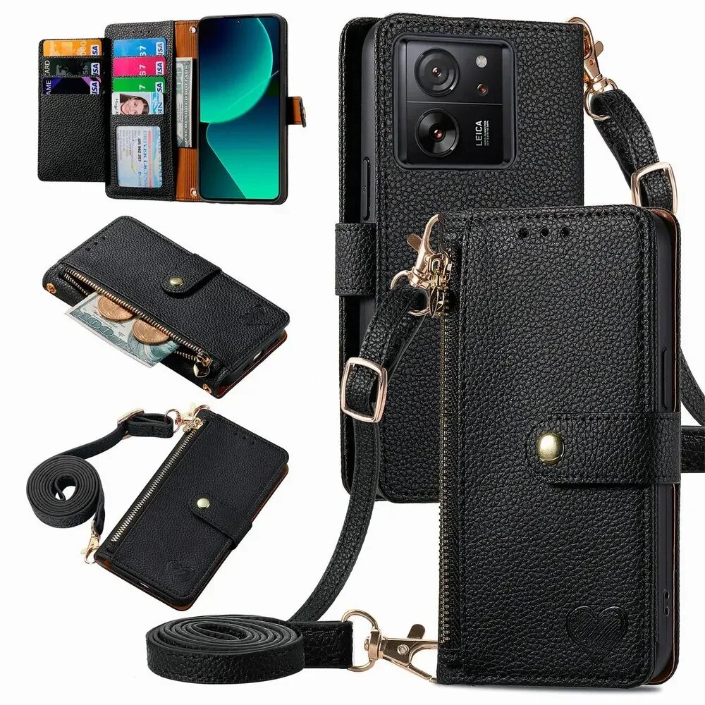 Чехол-бумажник для Xiaomi 17T Pro, 14T, 13T, 14, 15, 17T 5G, Redmi Note 15, 14, 13 Pro Plus, кожаный, с RFID-защитой, на молнии, через плечо, в виде книги