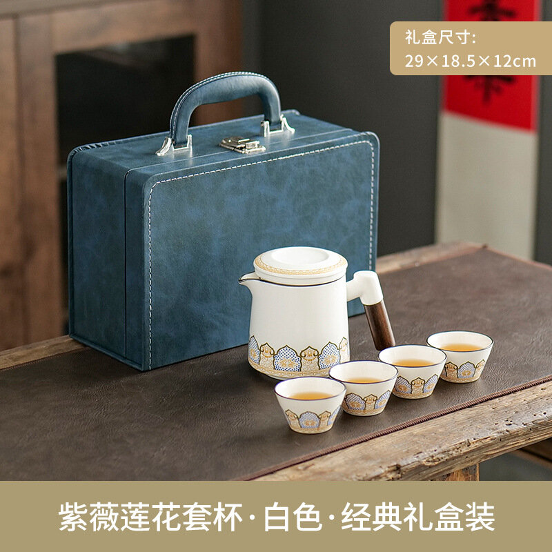 Чайный набор Qingyun с чайником и 4 чашками в белом цвете, дизайн с фиолетовой лотосом для корпоративных подарков