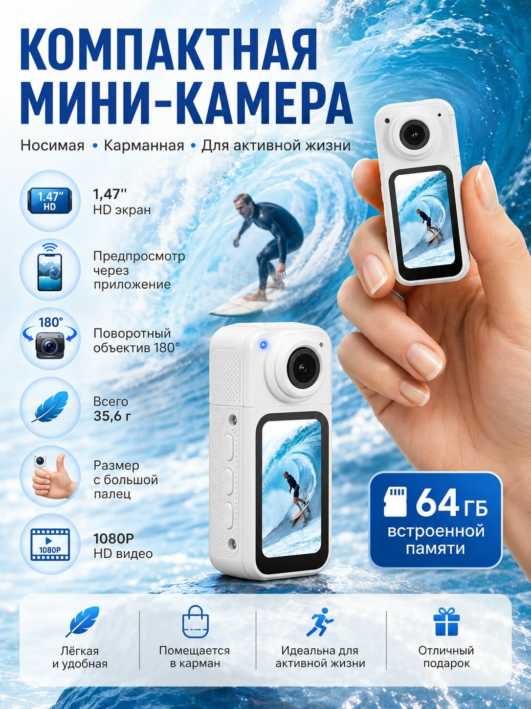 Мини-камера 1080P с 64GB памяти, 180 поворотным объективом, экраном, носимый видеорекордер размером с палец для прогулок, велосипеда, Vlog и путешествий