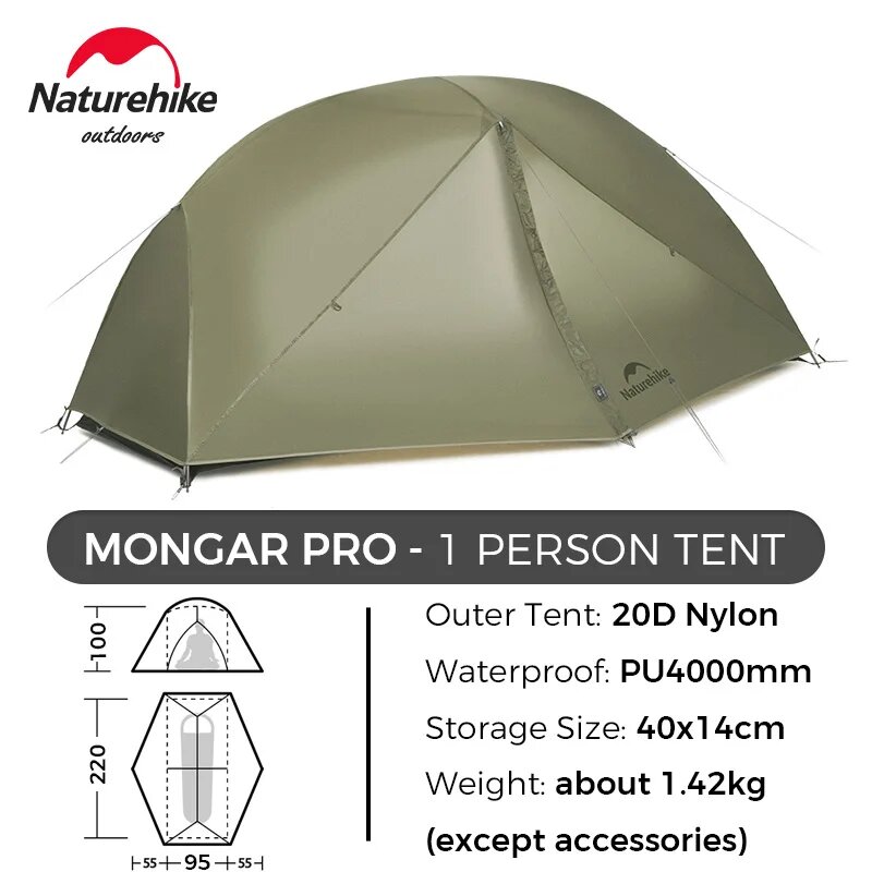 Палатка Naturehike Mongar Pro на 1, 2, 3 человека для кемпинга, отдыха на открытом воздухе, путешествий, из 20D нейлона, водонепроницаемая, ультралегкая, для походов с рюкзаком