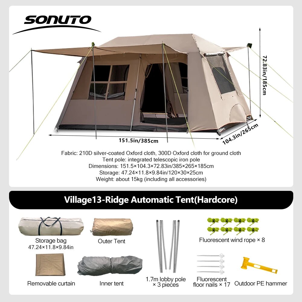 Автоматическая туристическая палатка Sonuto, быстрозадаваемая гребневая палатка на 3-8 человек, водонепроницаемая двуспальная семейная палатка с навесом для отдыха на открытом воздухе