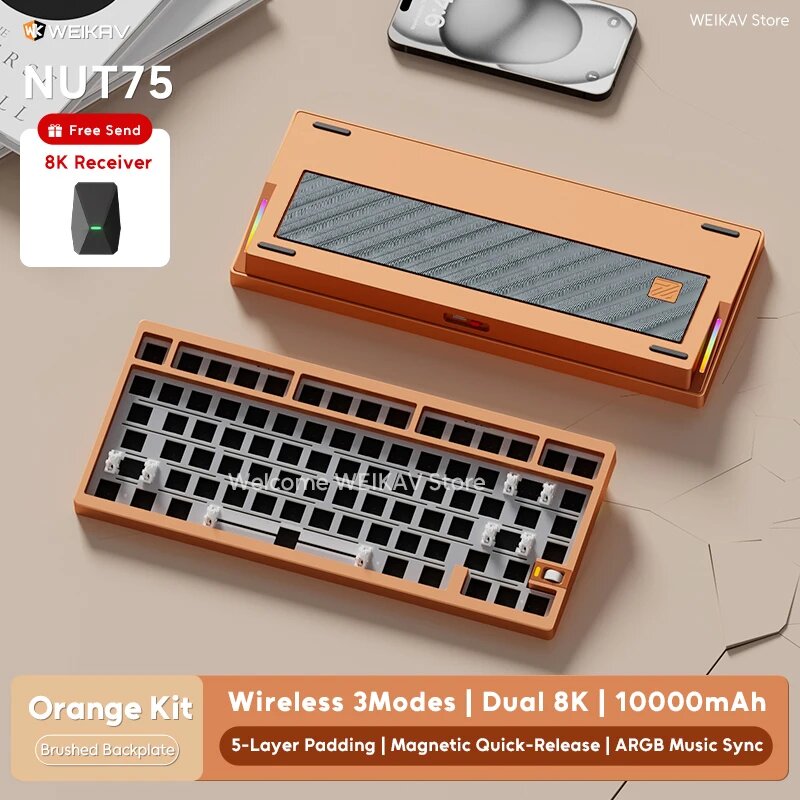 Weikav Lucky65 V3 NUT75 Механическая беспроводная клавиатура Оранжевый, NUT75 Orange Brushed