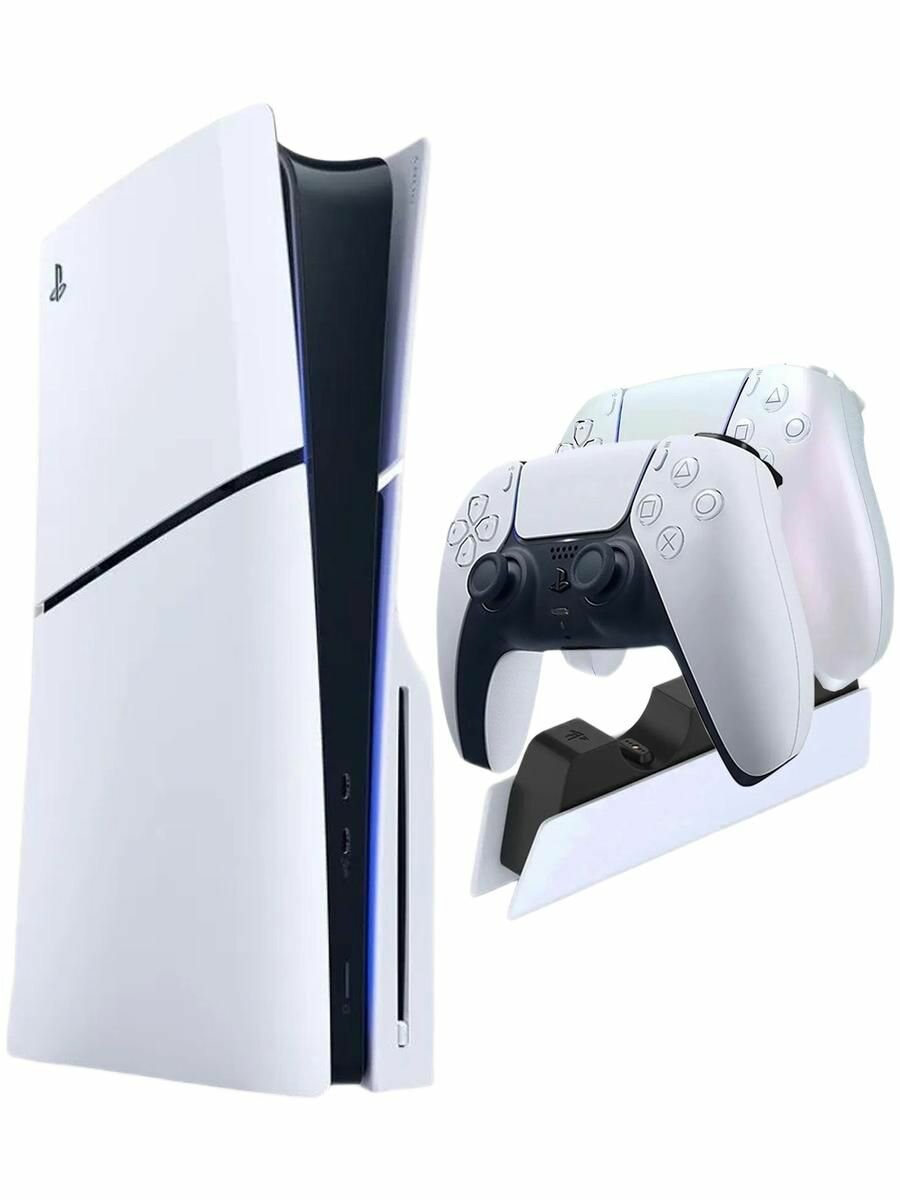 Sony PlayStation 5 Slim с дисководом + Второй геймпад жемчужный хром и зарядная станция