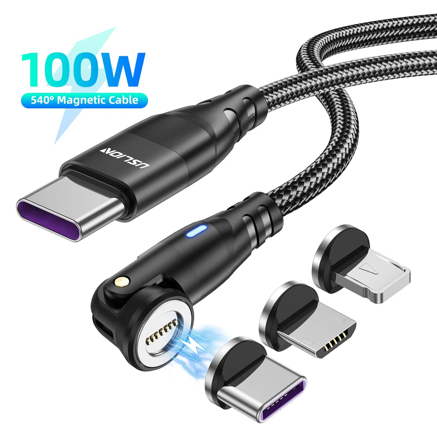 USLION PD 100 Вт Тип C Магнитный кабель для быстрой зарядки для Macbook iPad 5A USB 1.8m, 3in1 Black