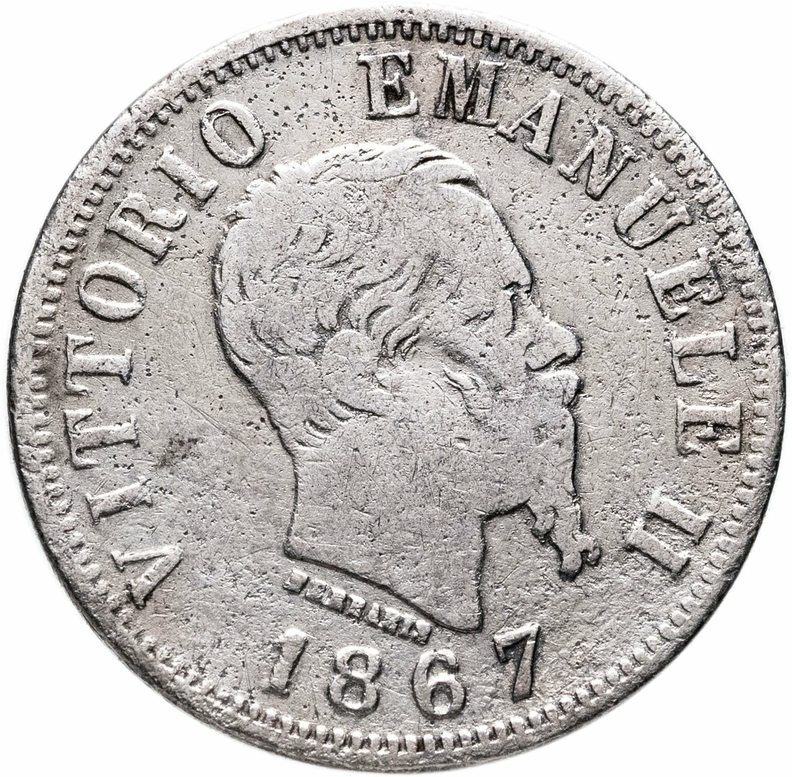 Италия 50 чентезимо centesimi 1867, знак монетного двора: "N" - Неаполь, Серебро 835, в сохранности VF