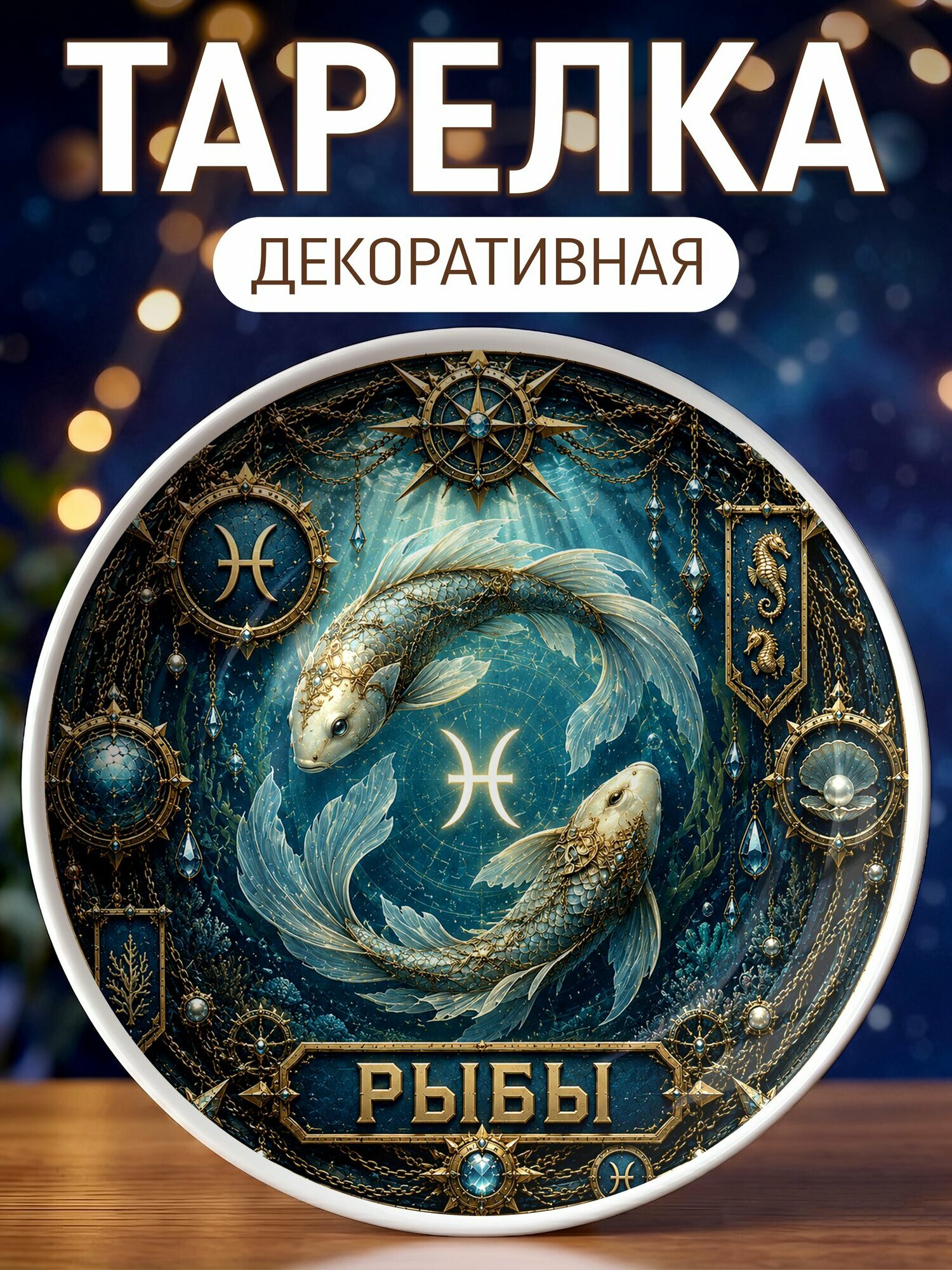 Тарелка декоративная Знак Зодиака Рыбы, керамика, с подставкой, диаметр 20 см