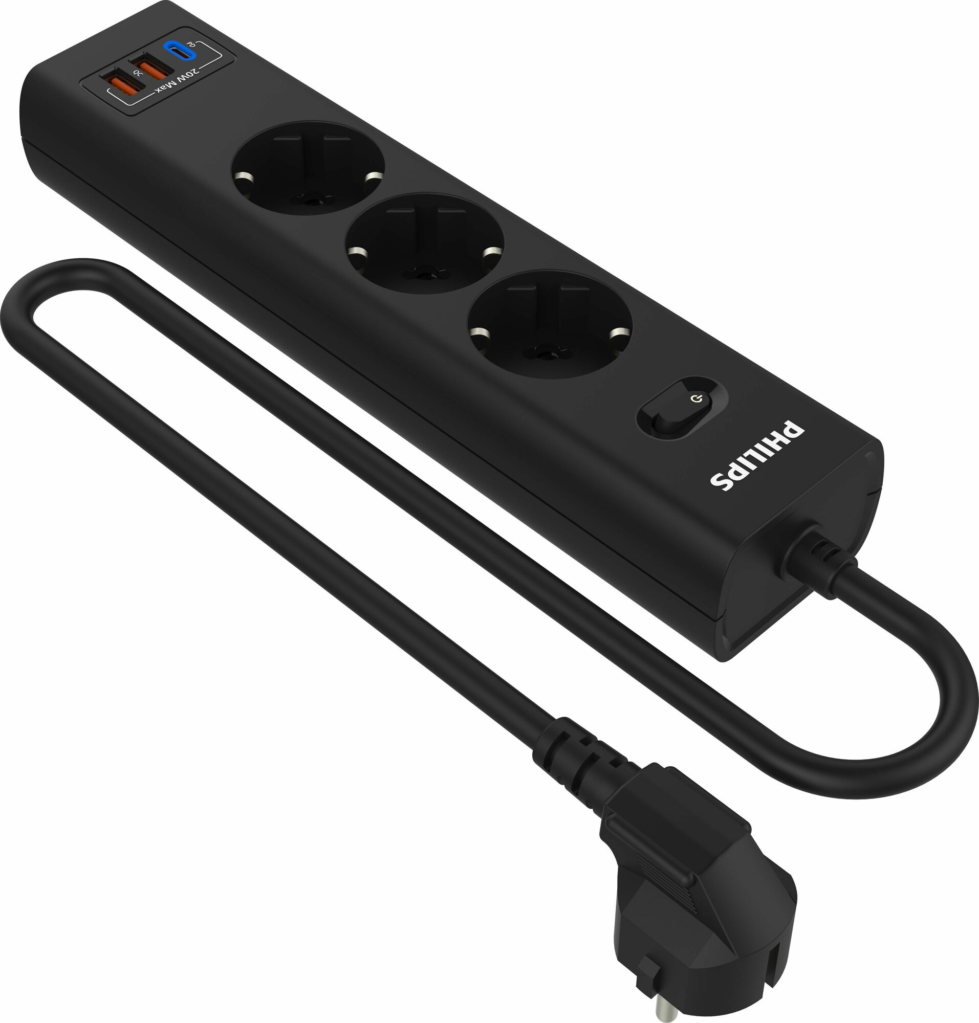 Philips сетевой фильтр 3 Розетки с USB PD/QC3.0 (5/9/12В) 20Вт кабель - 3M черный