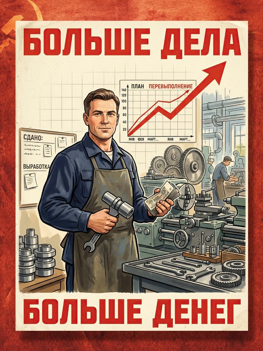 Постер СССР "Больше дела - больше денег!" - 30х40см (без рамки)
