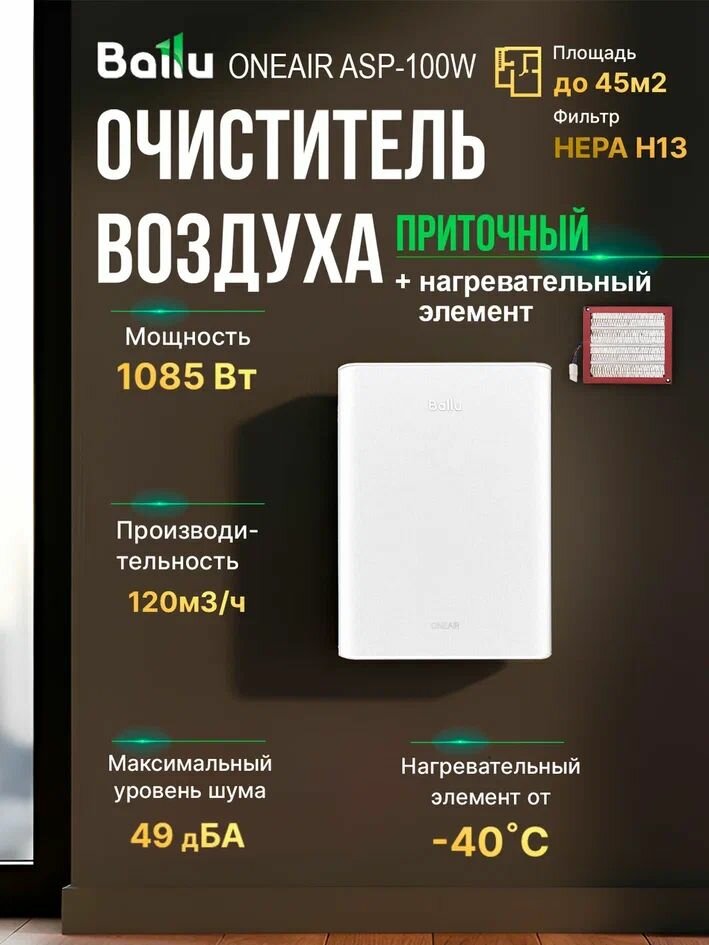 Очиститель воздуха приточный Ballu ONEAIR ASP-100WH c нагревательным элементом