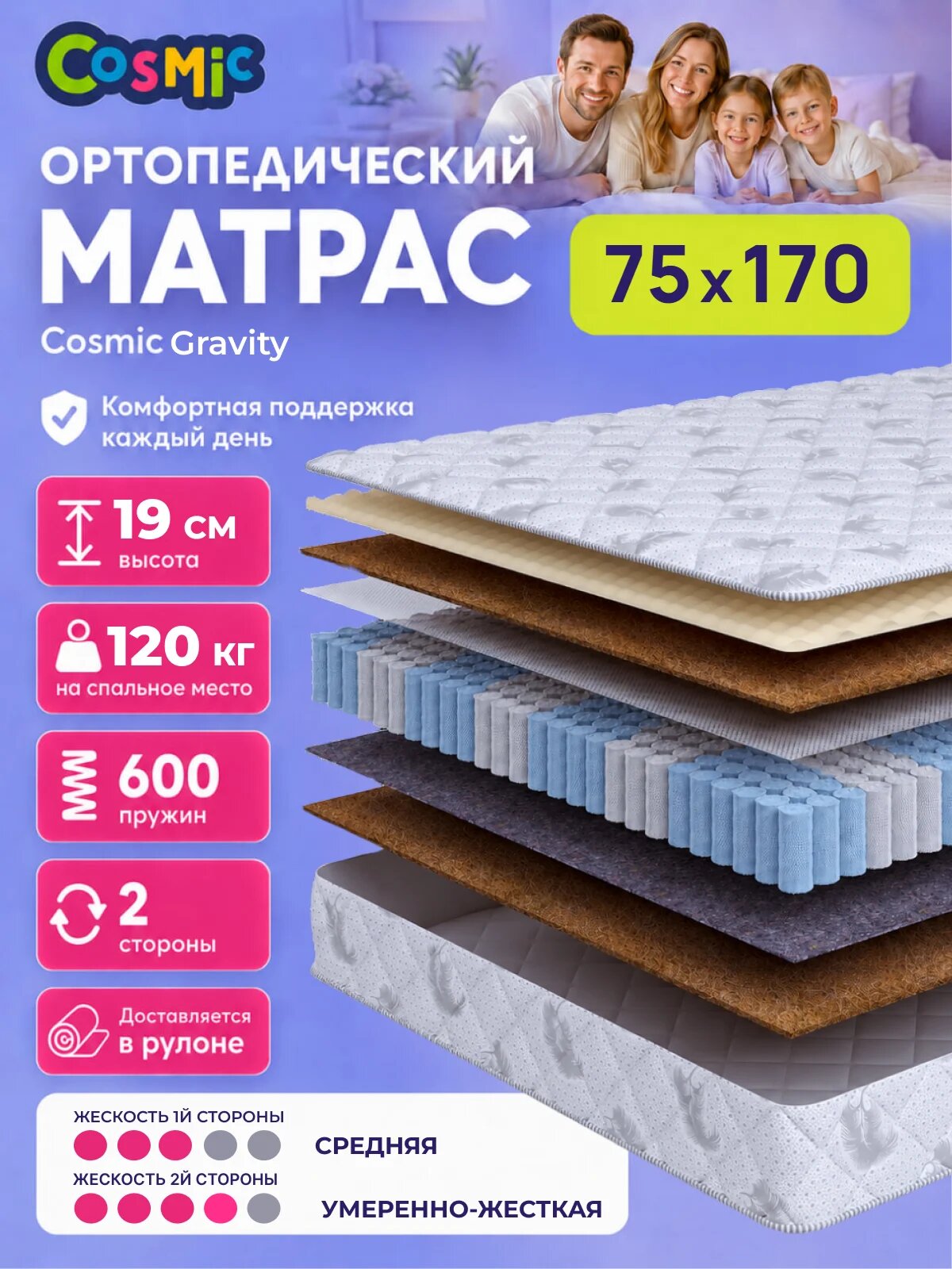 Матрас Cosmic Gravity 75x170 см, пружинный, 2 степени жёсткости, высота 20 см, анатомическая поддержка