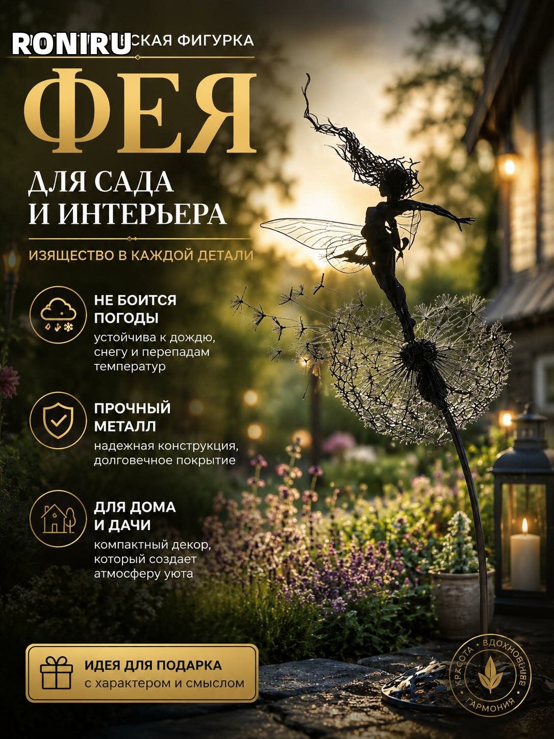 Металлическая фигурка феи для сада и интерьера — устойчивая к дождю и снегу, компактный декор для дома и дачи.