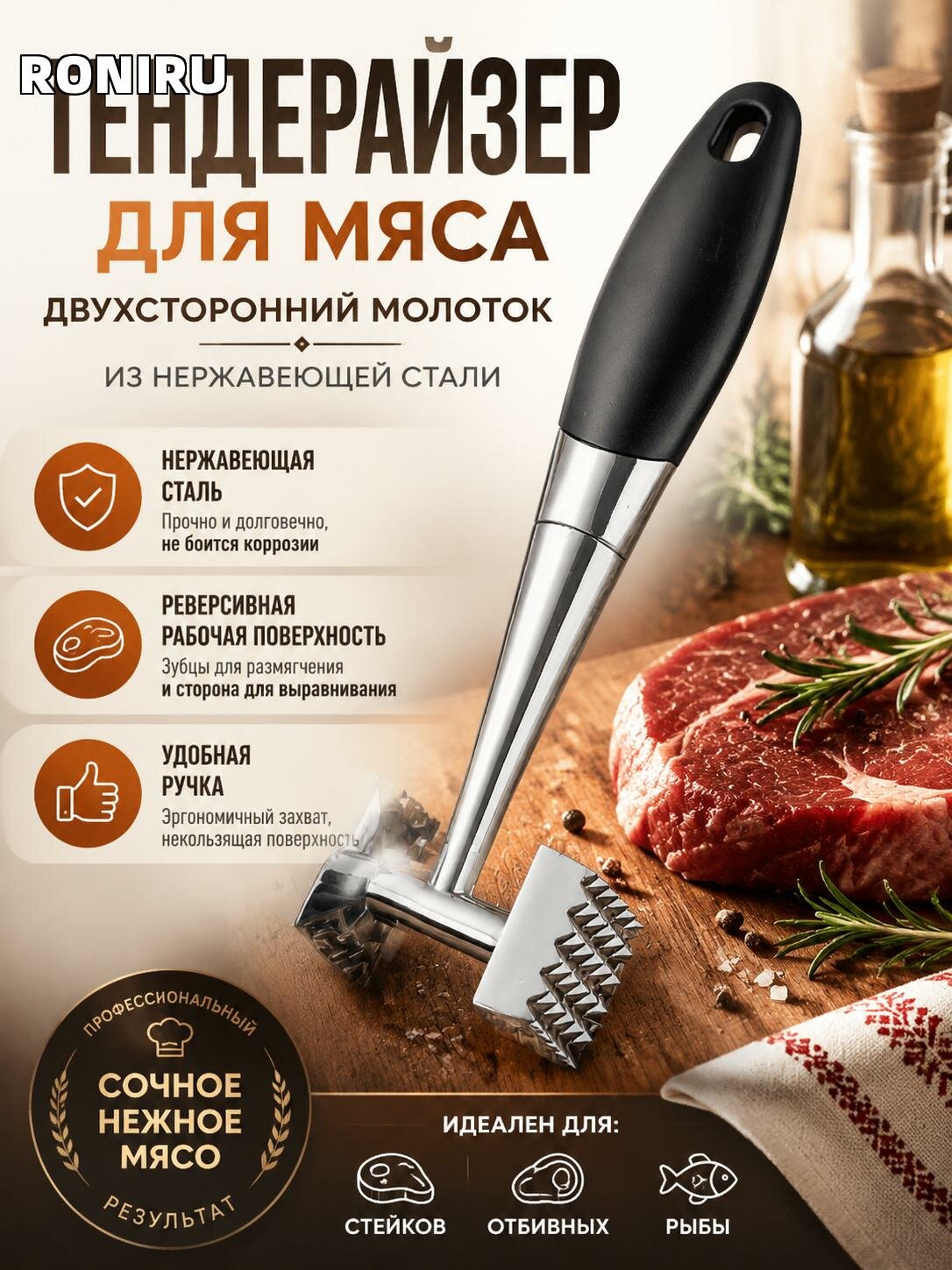 Тендерайзер для мяса из нержавеющей стали — двухсторонний молоток для отбивания стейков, отбивных и рыбы с удобной ручкой для кухни