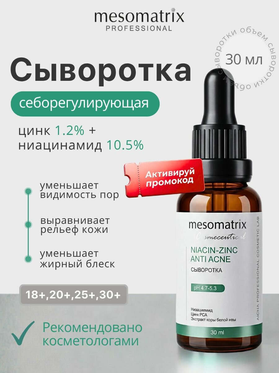Сыворотка с ниацинамидом 10.5% и цинком 1.2% для лица для жирной проблемной кожи от прыщей, угрей, черных точек, для сужения пор NIACIN-ZINC anti acne Mesomatrix аюна 30 мл