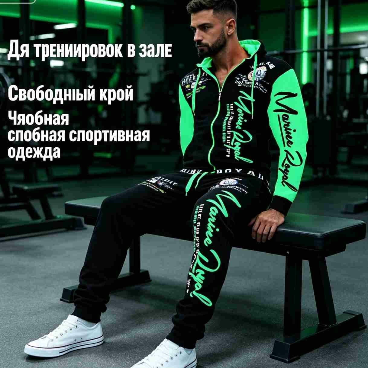 Мужской спортивный костюм, с капюшоном, на молнии, хлопок, зеленый
