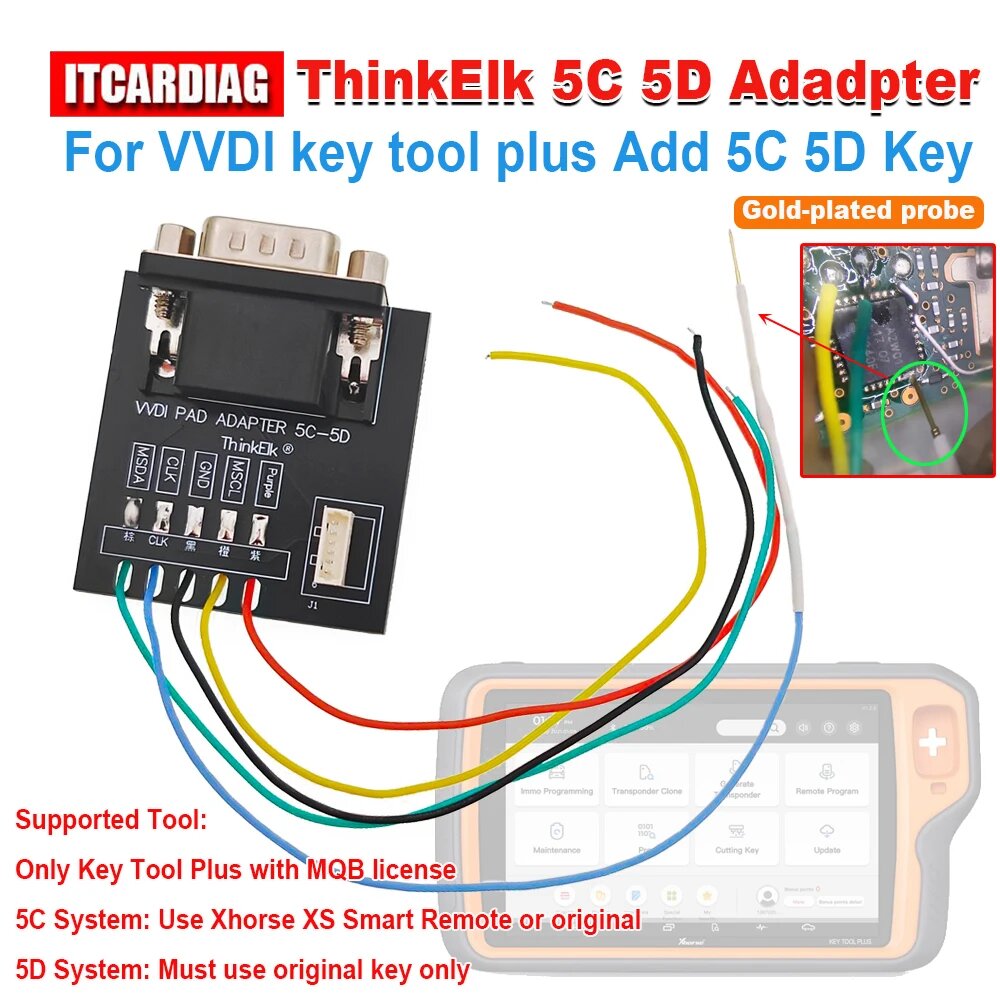 Адаптер ThinkElk 5C 5D для Xhorse VVDI Key Tool Plus для VAG MQB49 5C 5D: добавление ключей для VW и Audi, чтение данных ключей, добавление ключей 5C 5D.