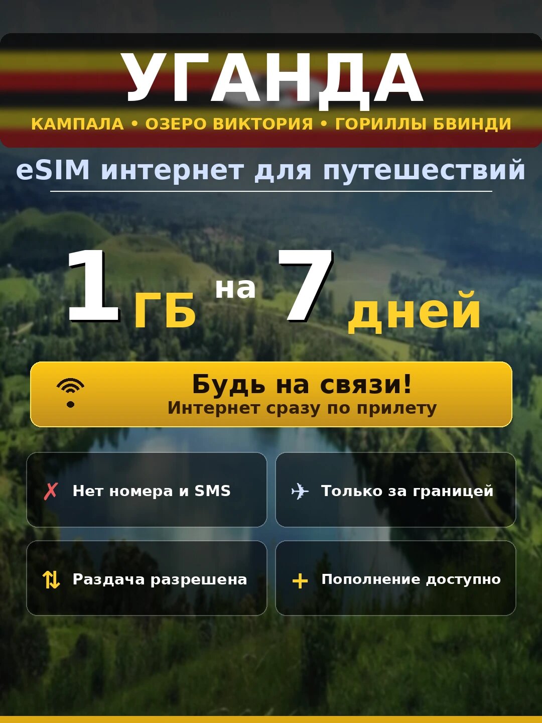 ESIM Уганда — мобильный интернет 1 ГБ на 7 дней | виртуальная SIM-карта для путешествий