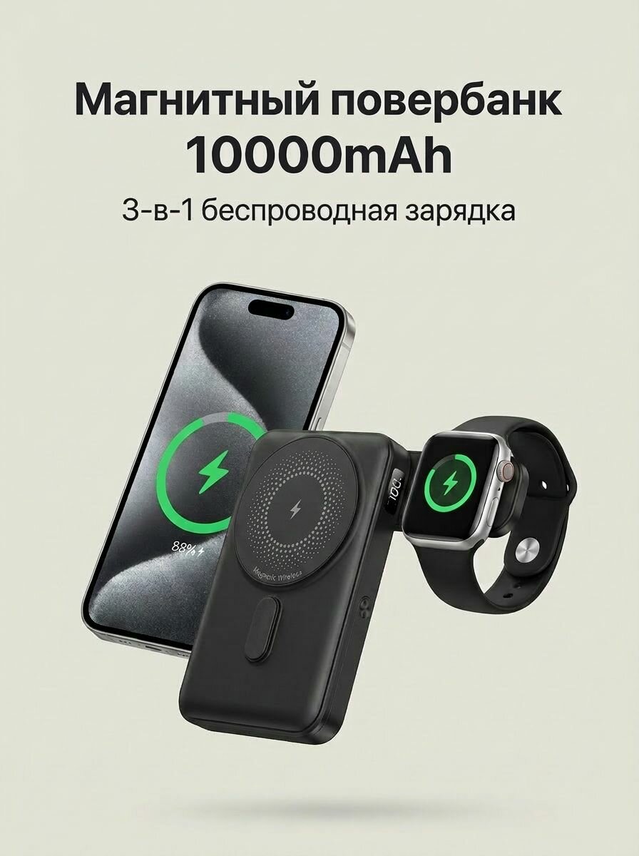 Внешний аккумулятор 10000 мАч, магнитный повербанк Power Bank 20W, беспроводная зарядка MagSafe, USB-C, тонкий корпус, черный