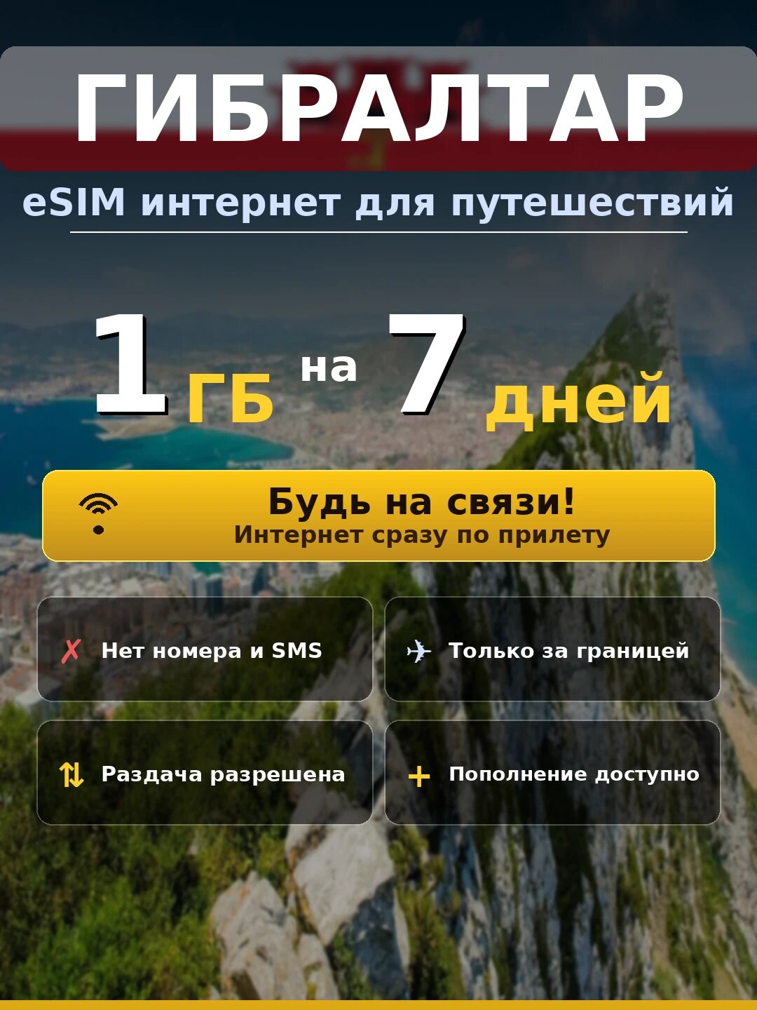 ESIM Гибралтар — мобильный интернет 1 ГБ на 7 дней | виртуальная SIM-карта для путешествий