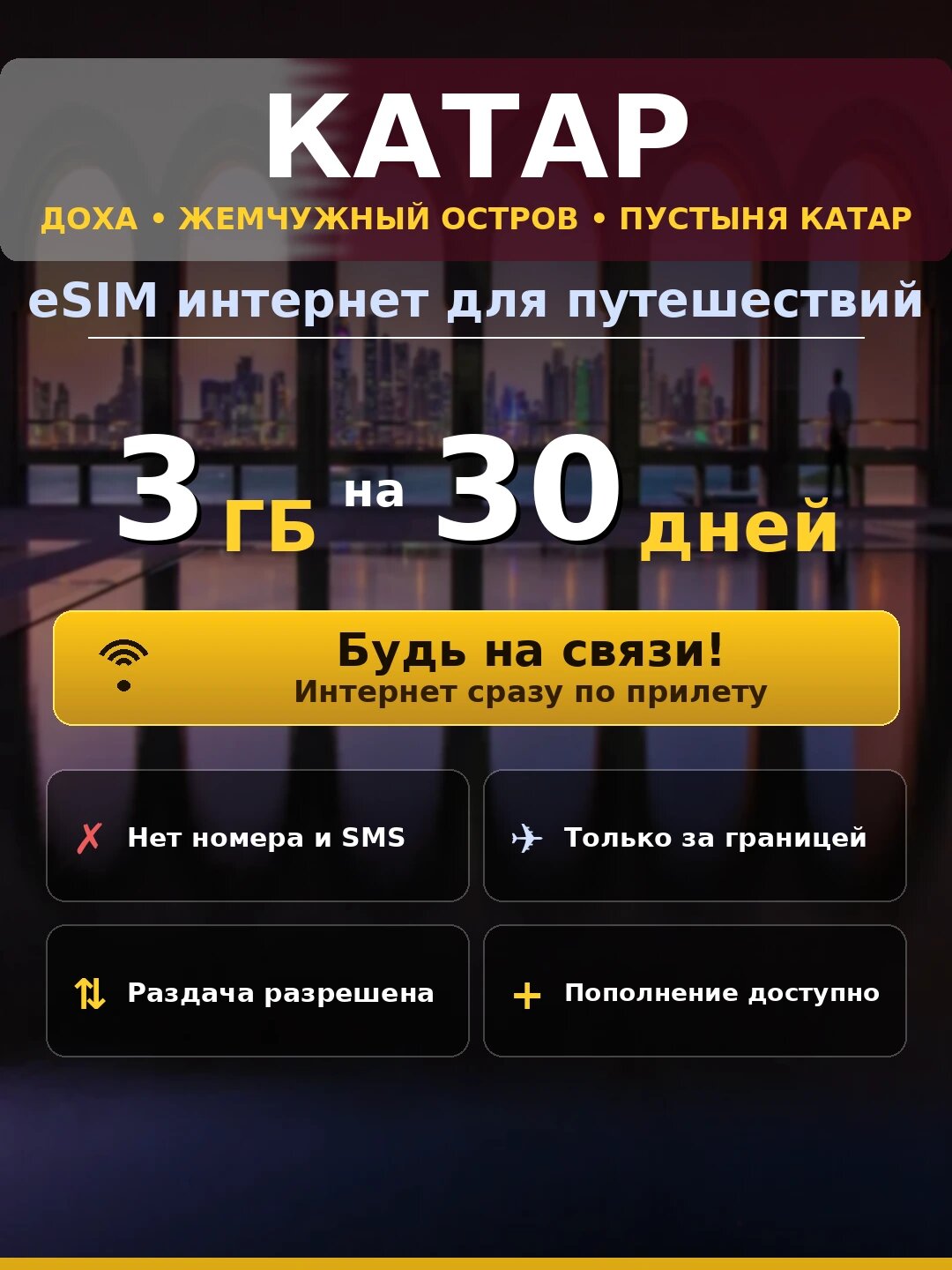 ESIM Катар — мобильный интернет 3 ГБ на 30 дней | виртуальная SIM-карта для путешествий