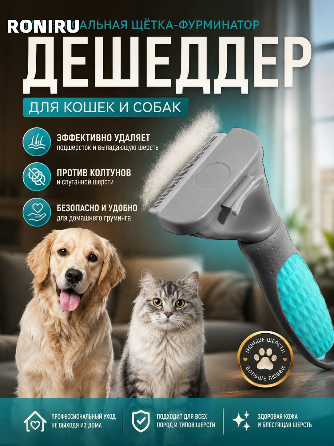 Дешеддер-расческа для собак и кошек — универсальная щетка-фурминатор против линьки и колтунов, удобный груминг дома
