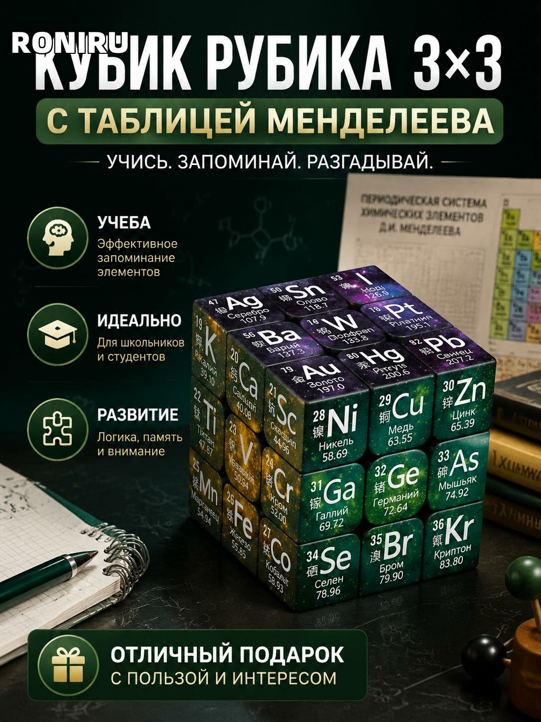 Кубик Рубика 3x3 с таблицей Менделеева — обучающий кубик для школьников и студентов, пазл для запоминания элементов