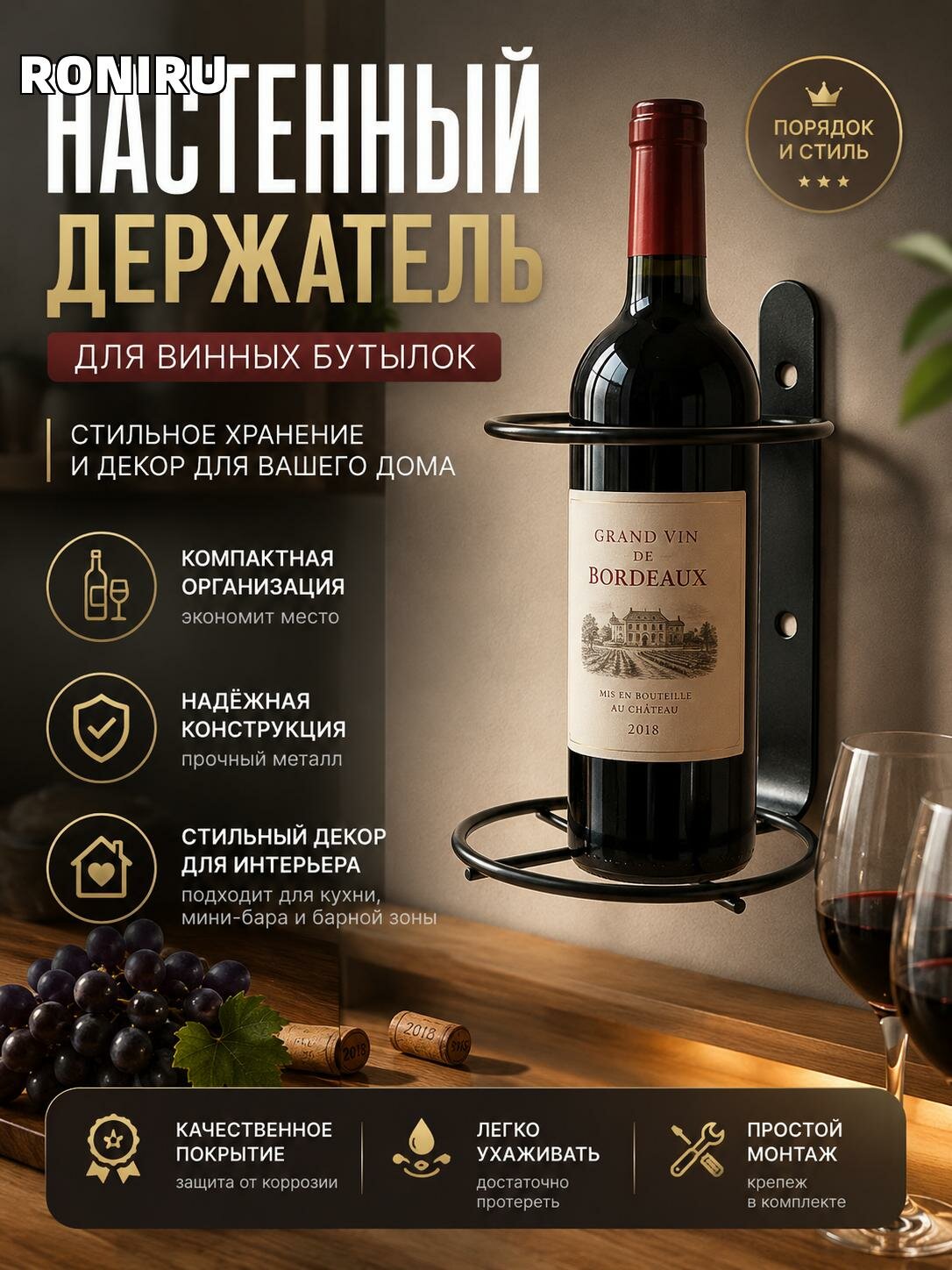 Настенный держатель для винных бутылок — стильная настенная вешалка для кухни и мини-бара, компактная организация вина и декор для дома