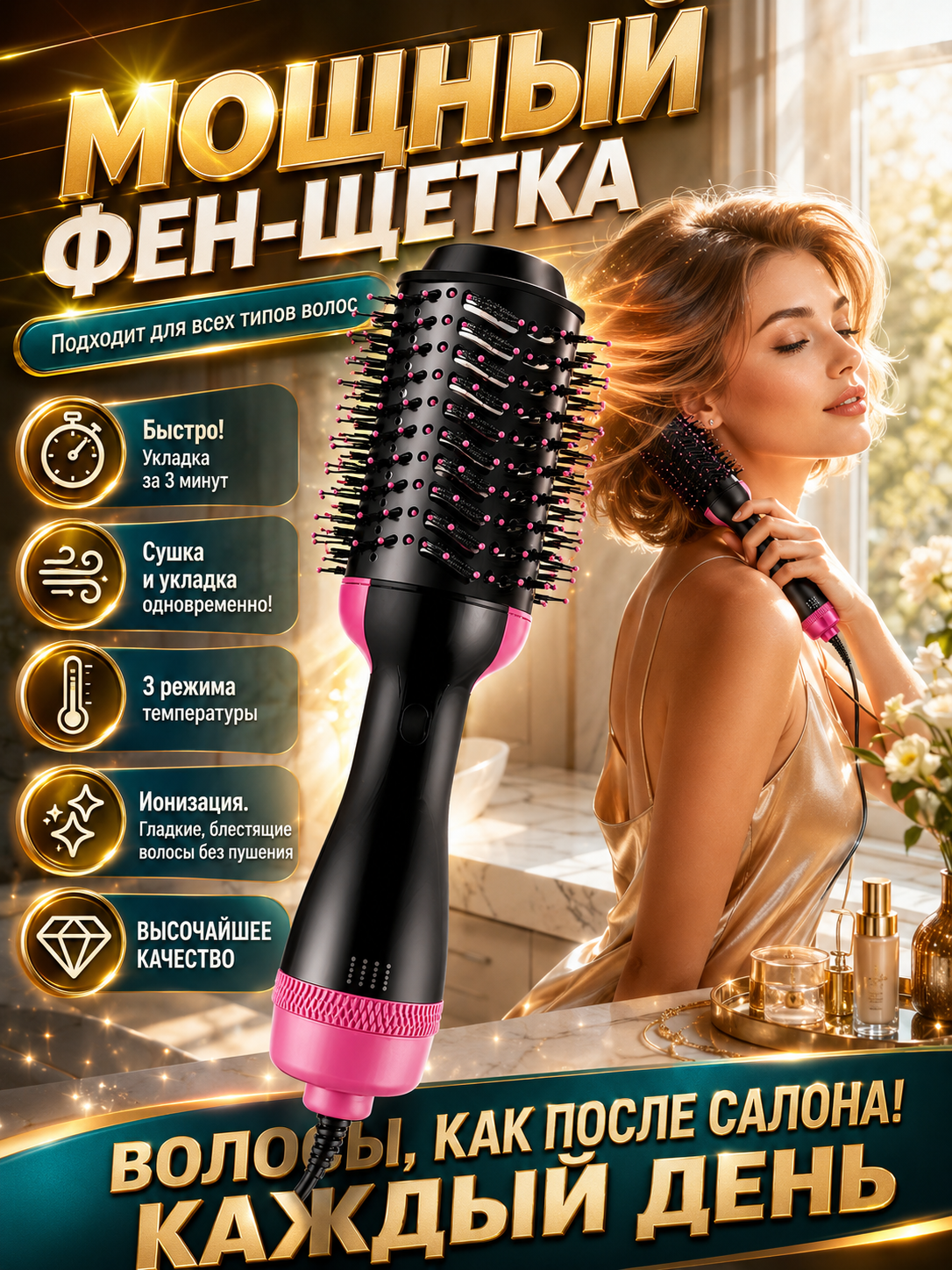 Фен-щетка для волос / Расческа с ионизацией One Step Фен-щётка (расчёска-фен) для волос Hair Dryer 3 в 1