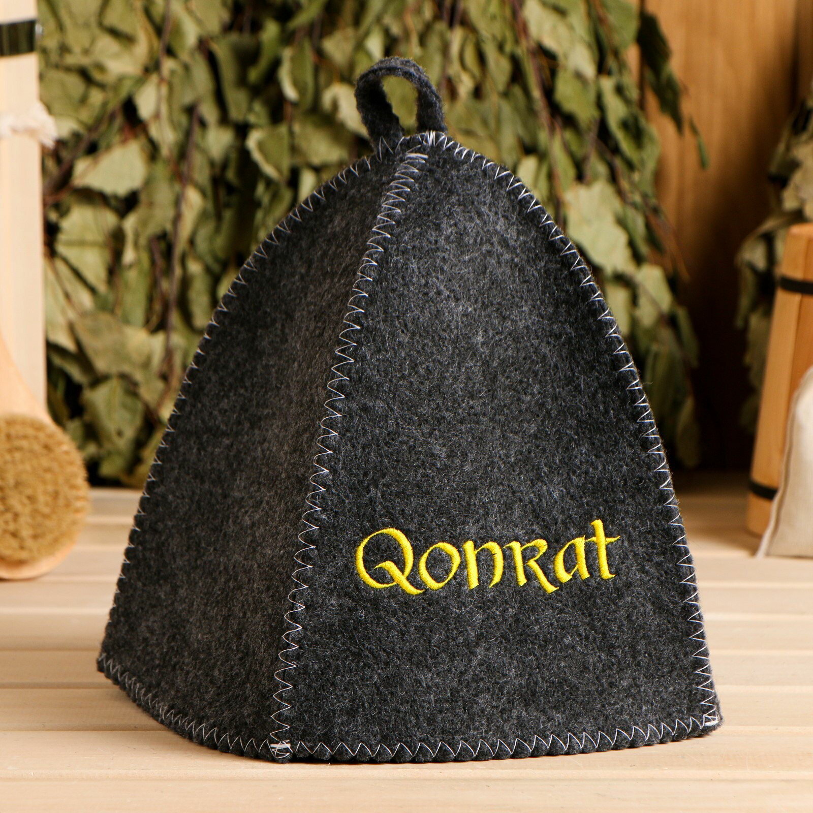 Шапка для бани и сауны с вышивкой Qonrat, серая, полиэфир, шерсть