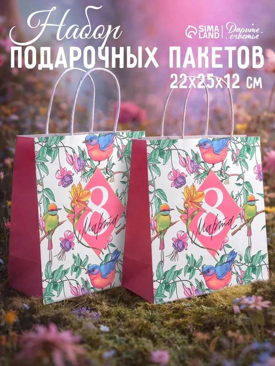 Набор крафтовых подарочных пакетов «С 8 марта», 2 шт, 22 × 25 × 12 см