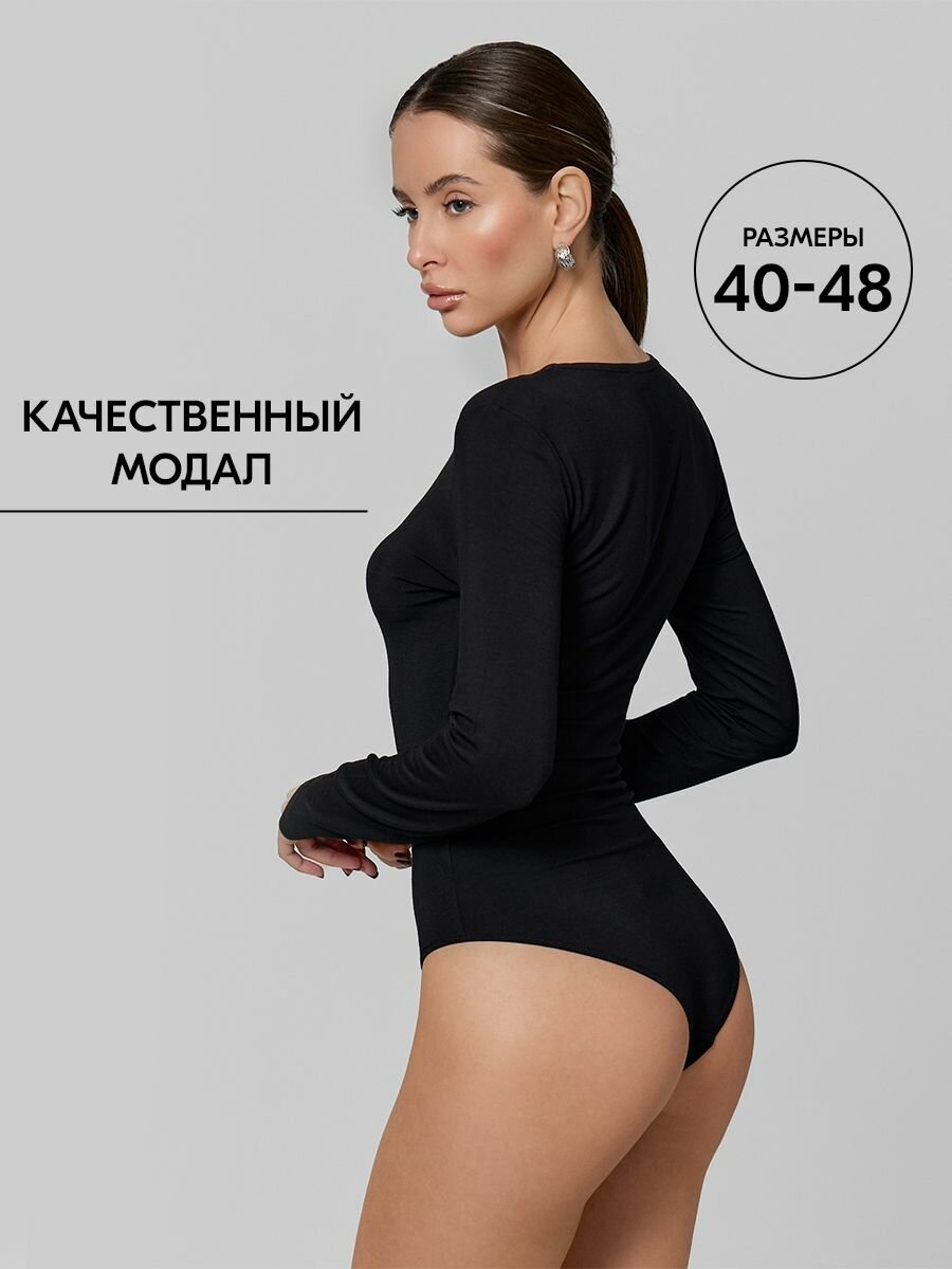 Боди бельевое Argentovivo облегающее с длинными рукавами, размер 3, черный — фото 1